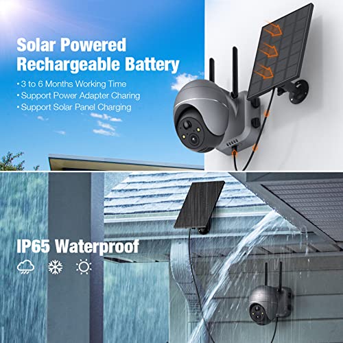 Wireless Security Camera Outdoor, 2K Solar Powered WiFi Cameras, Rechargeable Solar Outdoor Camera with PIR Motion Detection, 2-Way Audio, IP65 Waterproof, Spotlight & Siren, Color Night Vision