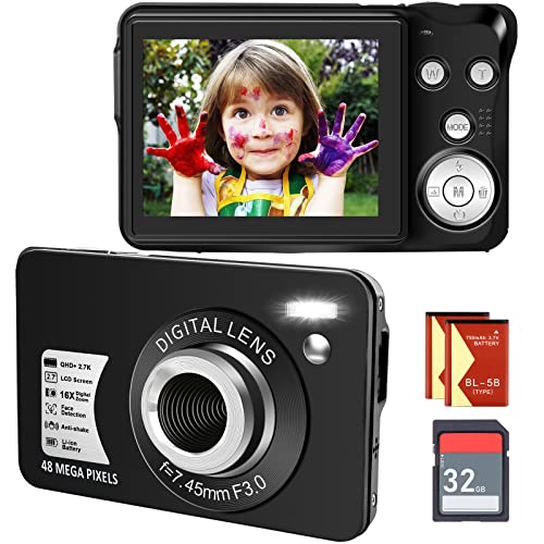 Digital Camera, Kids Camera for Teens Boys and Girls, 48MP 2.7K Digital Camera with 16X Digital Zoom, 32 GB SD Card and 2 Batteries Included (Black)