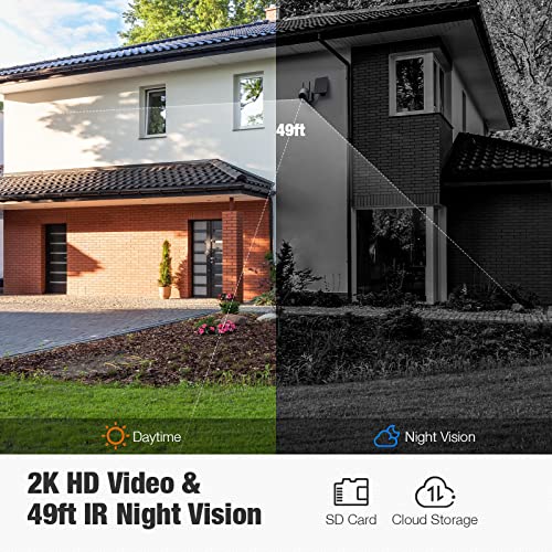 Wireless Security Camera Outdoor, 2K Solar Powered WiFi Cameras, Rechargeable Solar Outdoor Camera with PIR Motion Detection, 2-Way Audio, IP65 Waterproof, Spotlight & Siren, Color Night Vision