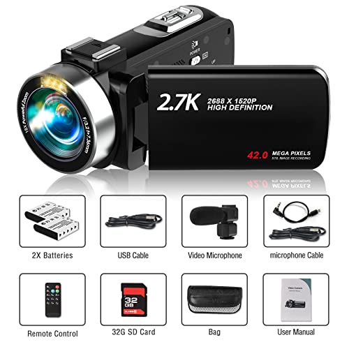 Heegomn Video Camera Camcorder with Microphone HD 2.7K Video Recorder Camera Vlogging Camera for YouTube Kids Camcorder with 3.0" LCD Screen,18X Digital Zoom,Remote,2 Batteries and 32G SD Card