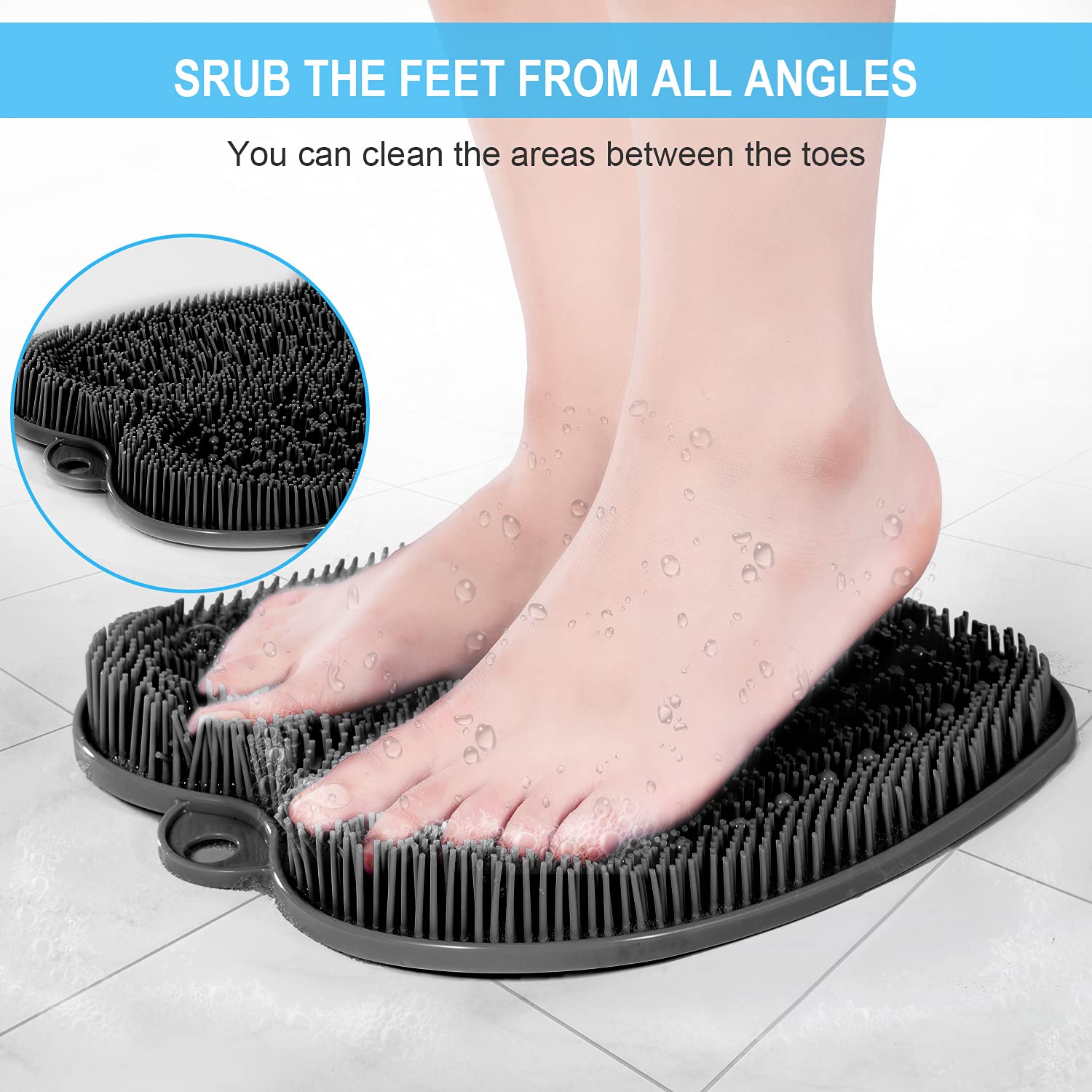 BESKAR Larger Shower Foot Scrubber Mat with Non-Slip Suction Cups- Cleans, Smooths, Exfoliates & Massages your Feet Without Bending, Improve Foot Circulation & Soothes Tired Feet- Black