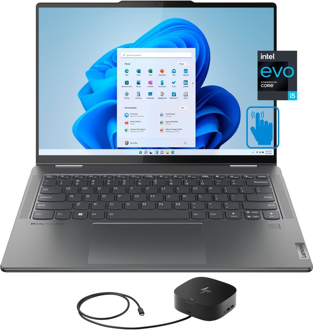 Lenovo Yoga 7i Home & Business 2-in-1 Laptop (Intel i5-1335U 10-Core, 16GB LPDDR5 5200MHz RAM, 512GB M.2 2242 PCIe SSD, Intel Iris Xe, 14.0" 60 Hz Touch Win 11 Pro) with G2 Universal Dock