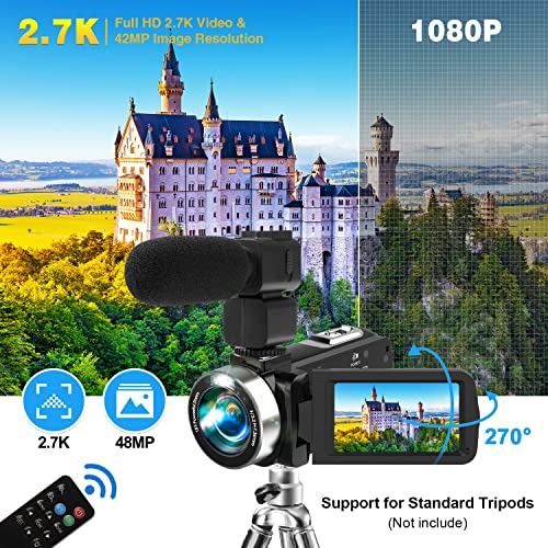 Heegomn Video Camera Camcorder with Microphone HD 2.7K Video Recorder Camera Vlogging Camera for YouTube Kids Camcorder with 3.0" LCD Screen,18X Digital Zoom,Remote,2 Batteries and 32G SD Card