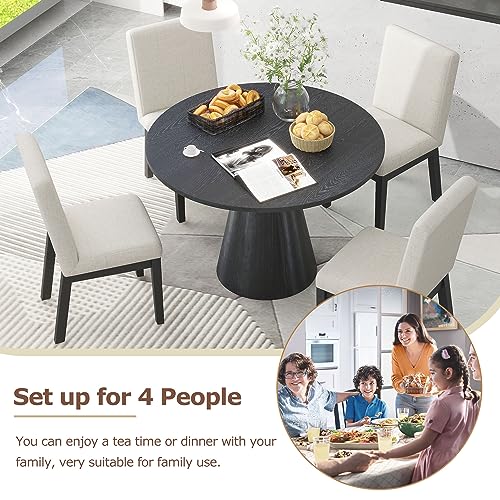 Voohek, Black 5-Piece Retro Simple Round Dining Table Set with Frustum Legs, and 4 Ergonomic Fabric Upholstered Chairs, Solid Wood Kitchen Furniture for 4 People, Small Space