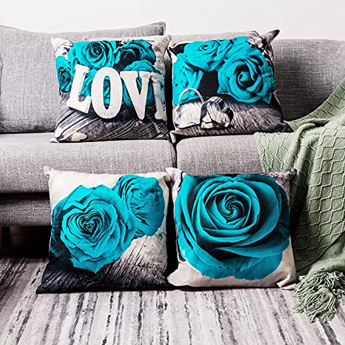 Teal Green Throw Pillow Covers 18x18 Set of 4, Turquoise Rose Flower Couch Pillow Cover Outdoor Patio Furniture Home Decor， Linen Cotton Square Grey Dark Blue Pillowcases Living Room Sofa Decorative