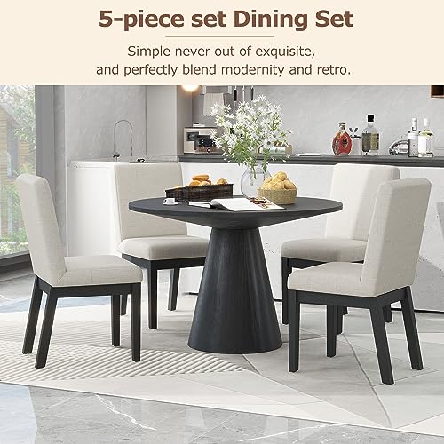 Voohek, Black 5-Piece Retro Simple Round Dining Table Set with Frustum Legs, and 4 Ergonomic Fabric Upholstered Chairs, Solid Wood Kitchen Furniture for 4 People, Small Space