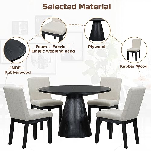 Voohek, Black 5-Piece Retro Simple Round Dining Table Set with Frustum Legs, and 4 Ergonomic Fabric Upholstered Chairs, Solid Wood Kitchen Furniture for 4 People, Small Space