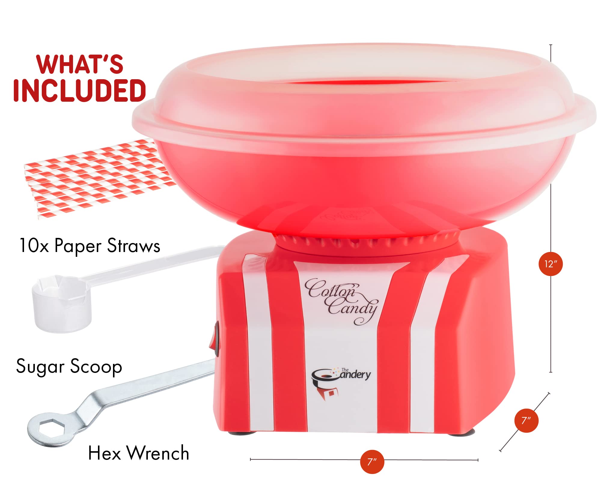The Candery Cotton Candy Machine - Bright, Colorful Style- Makes Hard Candy, Sugar Free Candy, Sugar Floss, Homemade Sweets for Birthday Parties - Includes 10 Candy Cones & Scooper