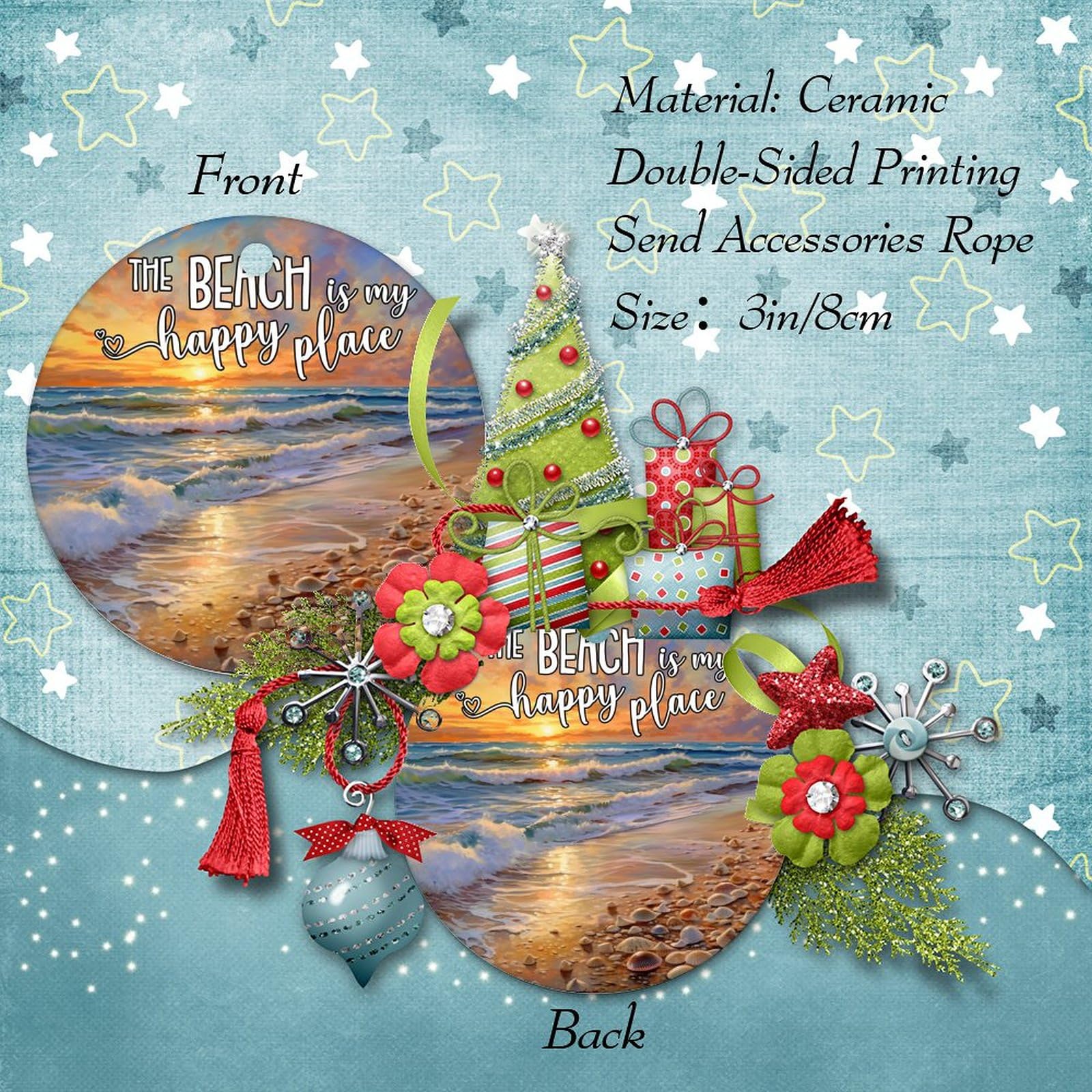 Swavecat Christmas Ornament - Sunset Beach Waves Coastal Ceramic Xmas Tree Keepsake The Beach is My Happy Christmas Ornaments Ocean Theme Beach Winter Seasonal Gift Holiday Decor