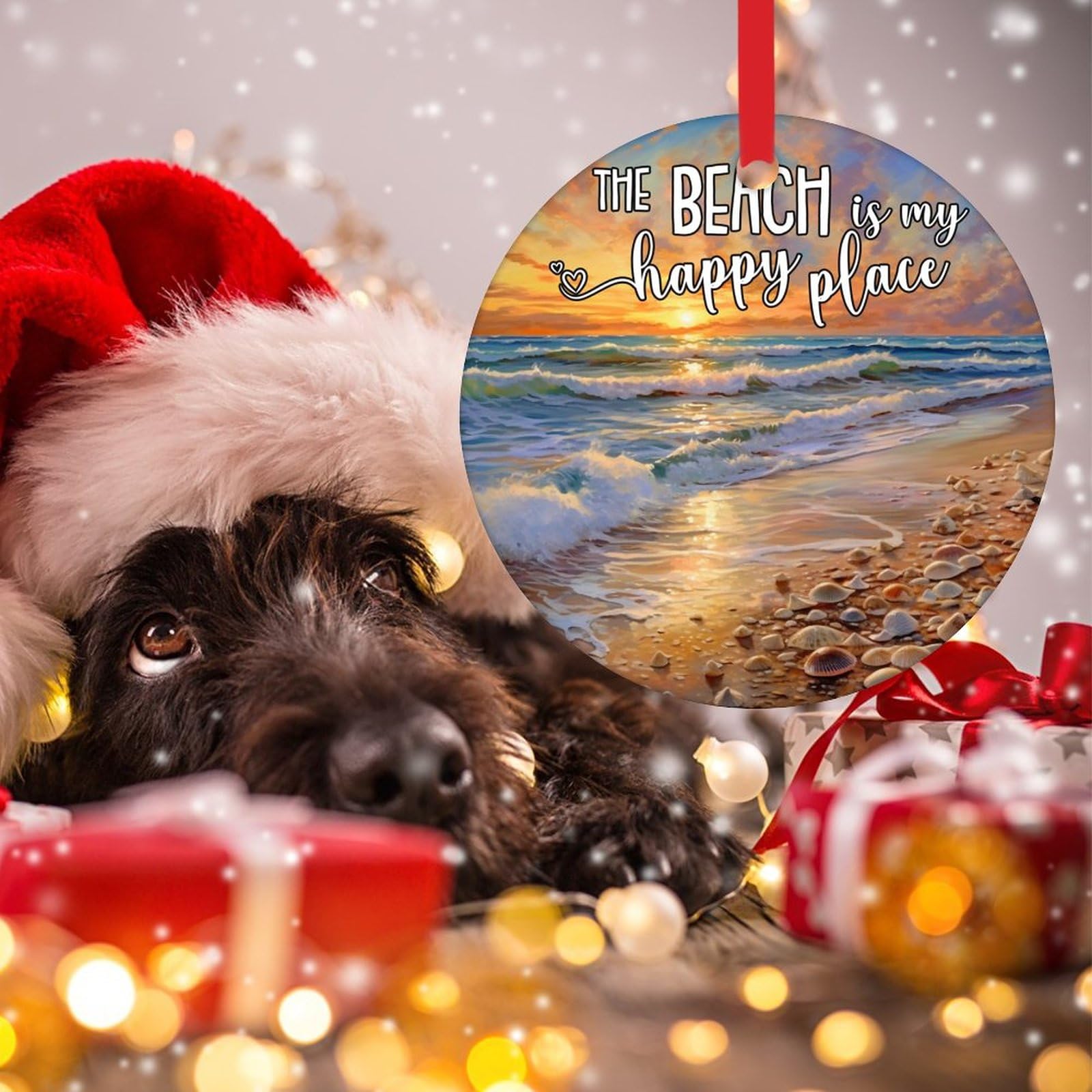 Swavecat Christmas Ornament - Sunset Beach Waves Coastal Ceramic Xmas Tree Keepsake The Beach is My Happy Christmas Ornaments Ocean Theme Beach Winter Seasonal Gift Holiday Decor