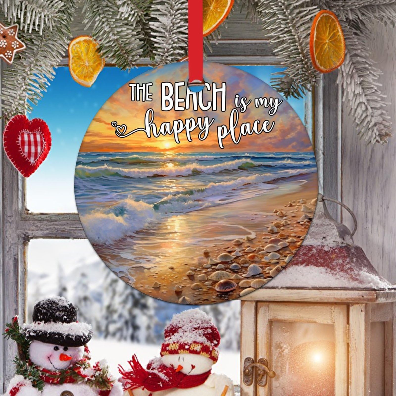 Swavecat Christmas Ornament - Sunset Beach Waves Coastal Ceramic Xmas Tree Keepsake The Beach is My Happy Christmas Ornaments Ocean Theme Beach Winter Seasonal Gift Holiday Decor