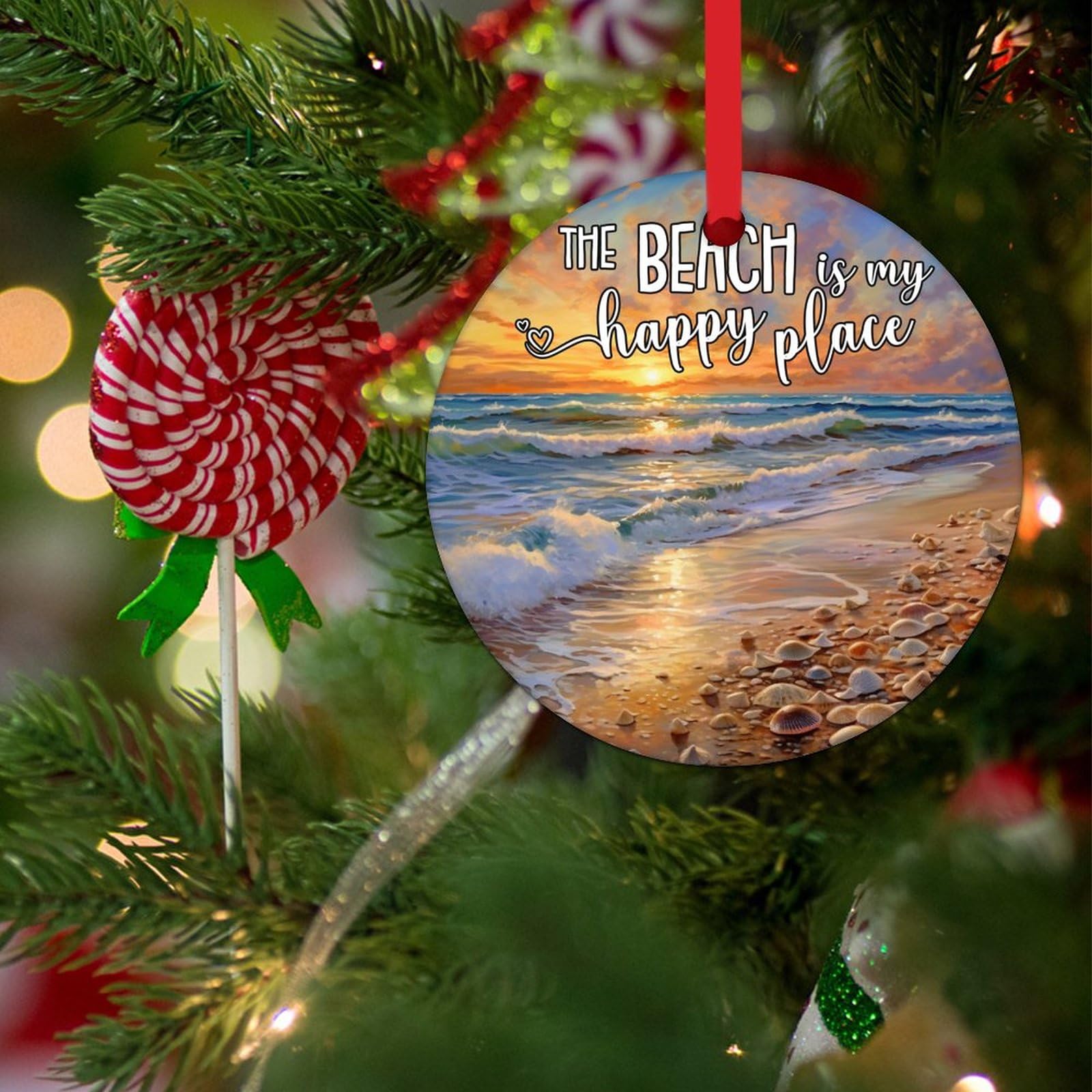 Swavecat Christmas Ornament - Sunset Beach Waves Coastal Ceramic Xmas Tree Keepsake The Beach is My Happy Christmas Ornaments Ocean Theme Beach Winter Seasonal Gift Holiday Decor