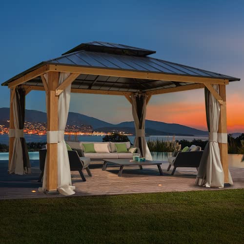 YOLENY 11' x 13' Spruce Wood Gazebo, Outdoor Hardtop Gazebo with Privacy Curtains and Mosquito Netting for Patio, Garden, Backyard, Poolside