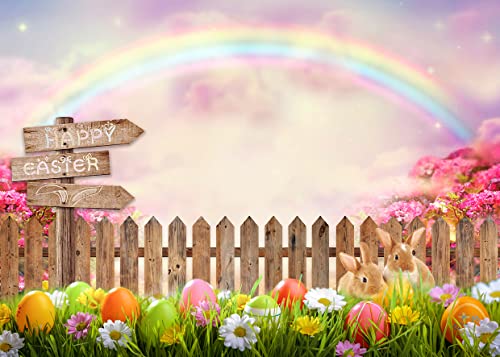 SJOLOON Spring Easter Backdrop Colorful Eggs Rabbit with Rainbow Backdrop for Easter Party Decoration Baby Shower Studio Props 12395 (7x5FT)