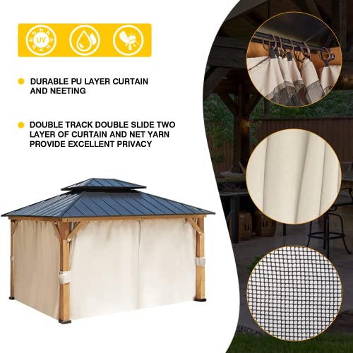 YOLENY 11' x 13' Spruce Wood Gazebo, Outdoor Hardtop Gazebo with Privacy Curtains and Mosquito Netting for Patio, Garden, Backyard, Poolside