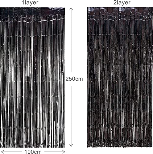 BRAVESHINE Party Decorations Foil Fringe Curtains - 2 Pack 3.2 x 8.2 ft Metallic Tinsel Photo Booth Streamer Backdrops for Boys Gilrs Men Women Birthday Wedding Christmas Graduation Decor - Black