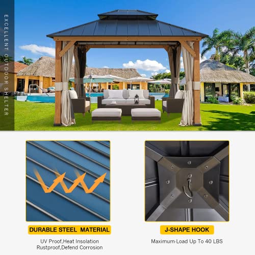 YOLENY 11' x 13' Spruce Wood Gazebo, Outdoor Hardtop Gazebo with Privacy Curtains and Mosquito Netting for Patio, Garden, Backyard, Poolside