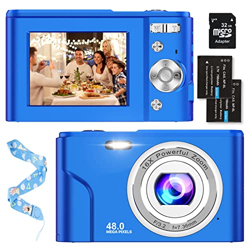 Digital Baby Camera for Kids Teens Boys Girls Adults,1080P 48MP Kids Camera with 32GB SD Card,2.4 Inch Kids Digital Camera with 16X Digital Zoom, Compact Mini Camera Kid Camera for Kids/Student(Blue)