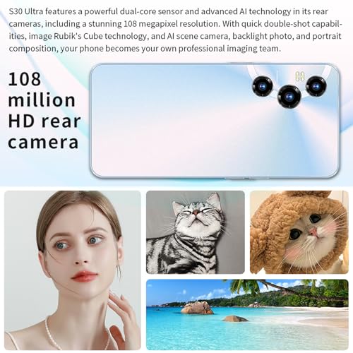 RAYPUR Cell Phone S30 Ultra 7.0HD Android13 5G Phone 8GB 256GB Smartphone 6800mAh 108MP Face Unlock NFC Snapdragon 8 Gen2 Mobile Phones,White-256GB