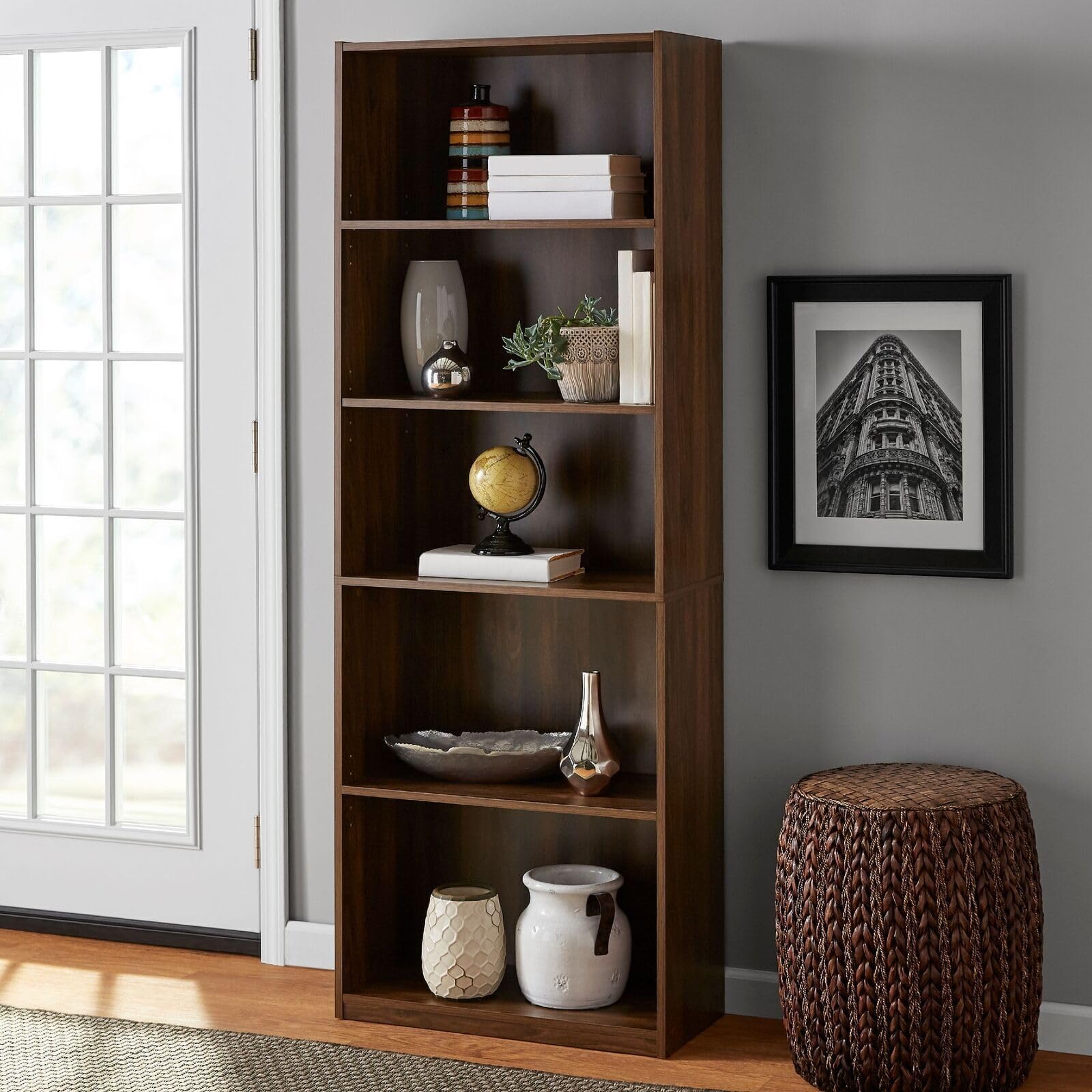 Adjustable 5-Shelf Wood Bookcase Storage Shelving Book Wide Bookshelf 71" Tall Standing Shelf Bookcase for Bedroom Living Room Kitchen Office