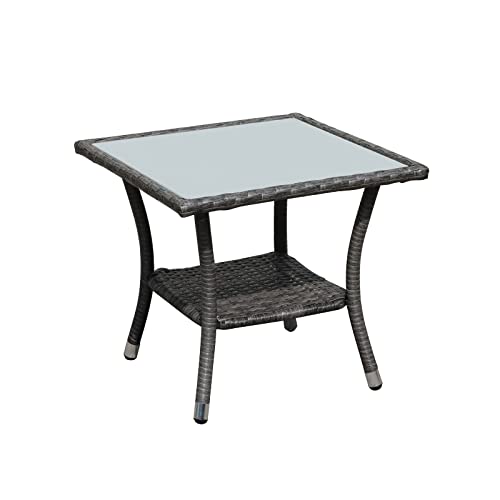 Verano Garden Outdoor Side Table, 20" Square Wicker End Table, Tempered Glass Top Coffee Table with Storage, Aluminum Frame-Gray