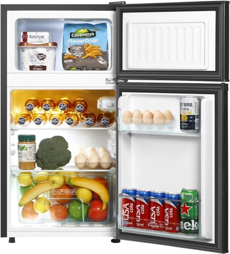 SORECI Mini Fridge With Freezer,3.2 Cu.Ft 2 Door Compact Refrigerator For Bedroom,Office,Kitchen,Apartment,Dorm (Black.)