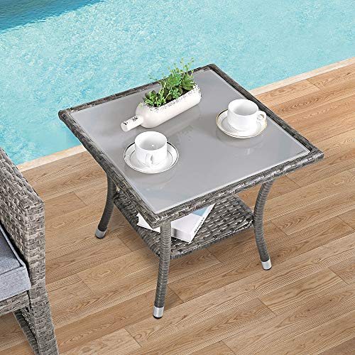 Verano Garden Outdoor Side Table, 20" Square Wicker End Table, Tempered Glass Top Coffee Table with Storage, Aluminum Frame-Gray