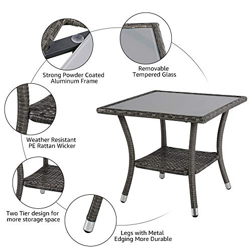 Verano Garden Outdoor Side Table, 20" Square Wicker End Table, Tempered Glass Top Coffee Table with Storage, Aluminum Frame-Gray