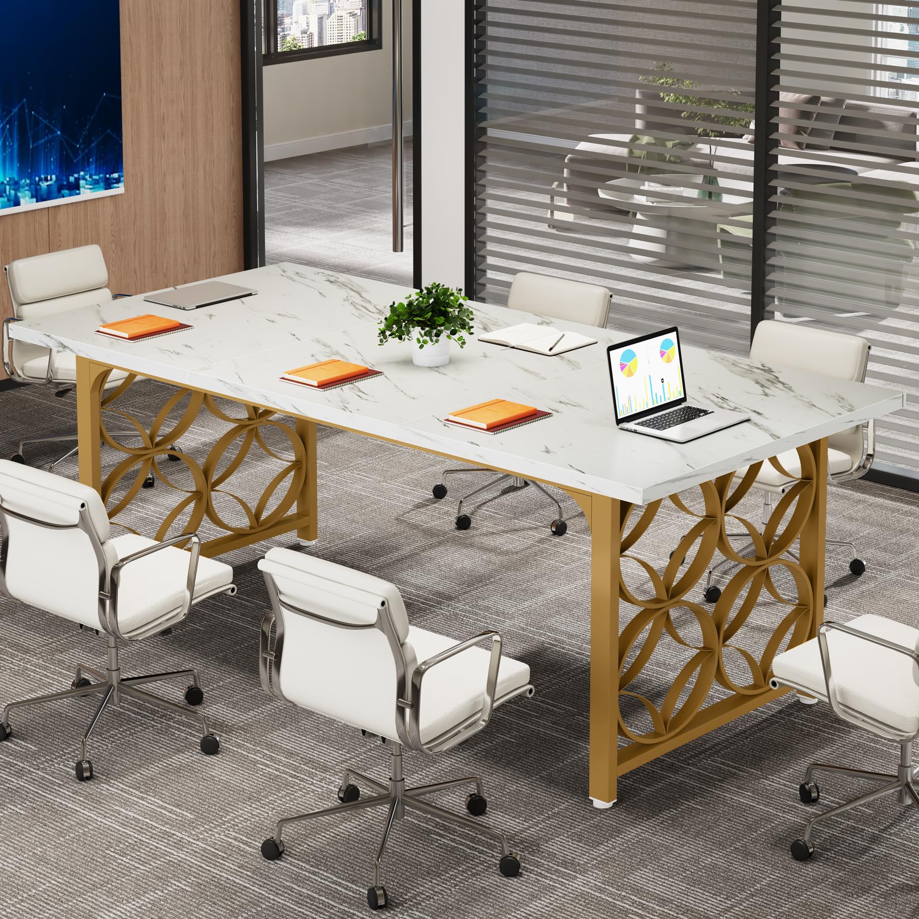 Tribesigns Conference Table for 4-6 People, 62.99" L x 31.49" W Rectangular Meeting Room Table, Seminar Table Boardroom Desk with Sturdy Metal Frame for Office (White/Gold)