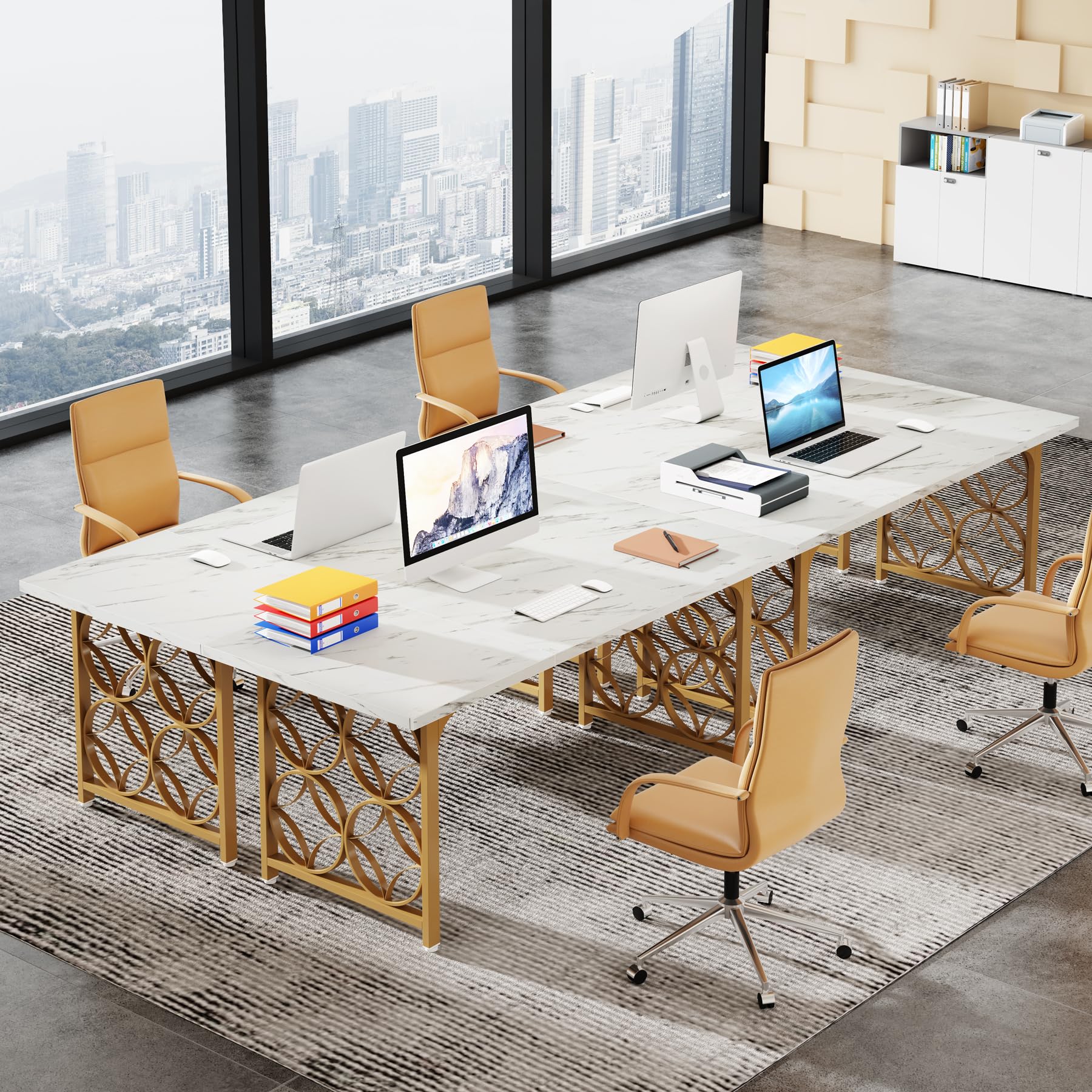 Tribesigns Conference Table for 4-6 People, 62.99" L x 31.49" W Rectangular Meeting Room Table, Seminar Table Boardroom Desk with Sturdy Metal Frame for Office (White/Gold)