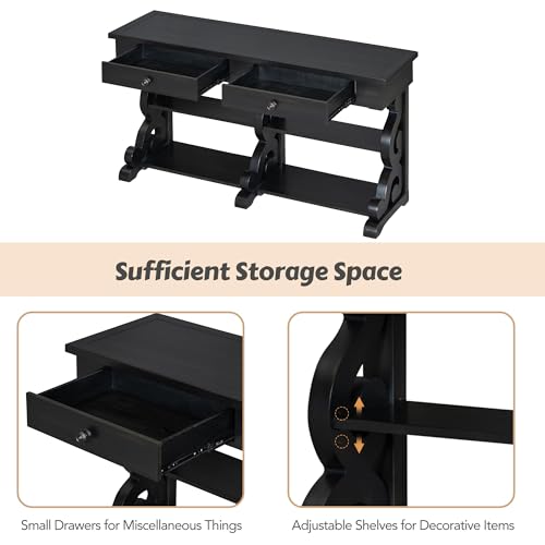 Retro Wood Console Table with Ample Storage, Classic Sideboard with 2 Drawers and Open Adjustable Shelves for Entrance Dinning Room Living Room Corridor Hallway (Antique Black-pzm3)