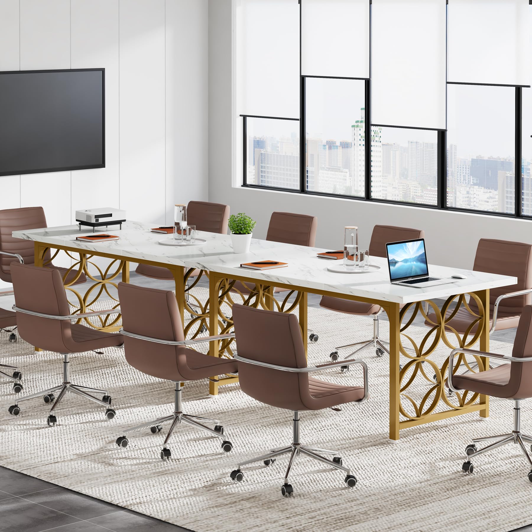 Tribesigns Conference Table for 4-6 People, 62.99" L x 31.49" W Rectangular Meeting Room Table, Seminar Table Boardroom Desk with Sturdy Metal Frame for Office (White/Gold)