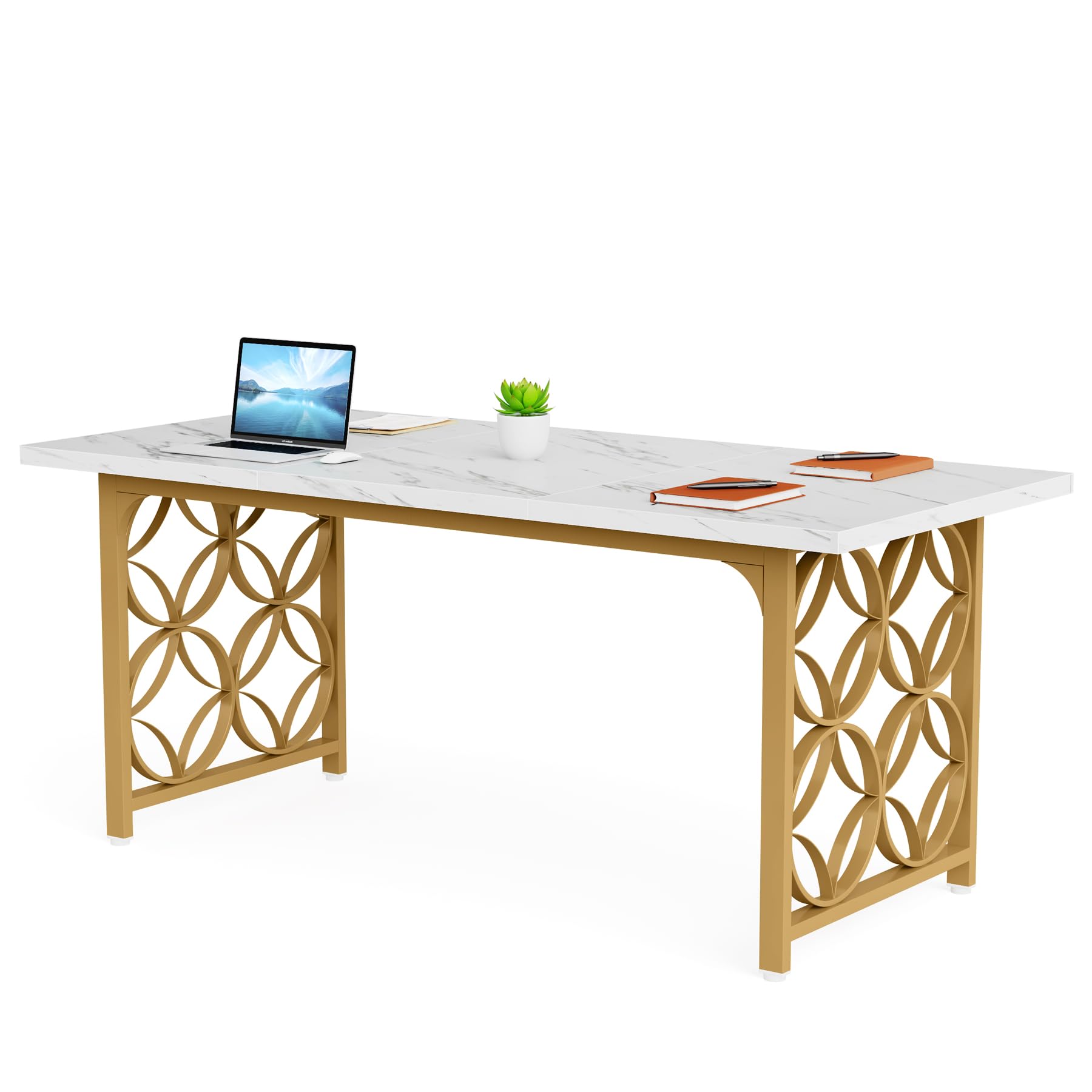 Tribesigns Conference Table for 4-6 People, 62.99" L x 31.49" W Rectangular Meeting Room Table, Seminar Table Boardroom Desk with Sturdy Metal Frame for Office (White/Gold)