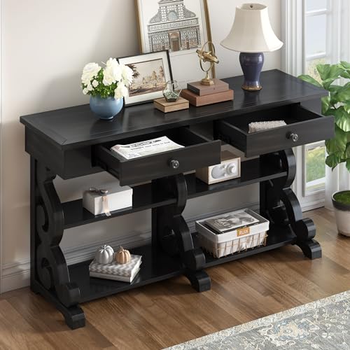 Retro Wood Console Table with Ample Storage, Classic Sideboard with 2 Drawers and Open Adjustable Shelves for Entrance Dinning Room Living Room Corridor Hallway (Antique Black-pzm3)
