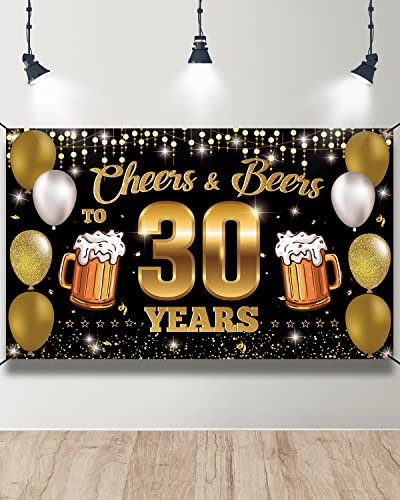 HTDZZI Cheers & Beers to 30 Years Backdrop Banner, Happy 30th Birthday Decorations for Men Women, 30th Anniversary Decor, Black Gold 30 Year Old Birthday Party Sign Poster Supplies, 6.1ft x 3.6ft
