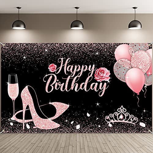 Happy Birthday Backdrop Fabric Glitter Rose Pink Birthday Background Banner Balloons Heels Wine Glass Photography Backdrop Birthday Party Decorations for Women Girls Birthday Supplies, 6 x 3.6 Feet