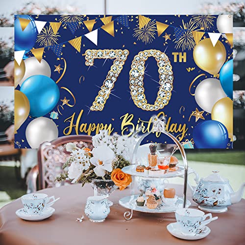 70th Birthday Decorations Backdrop Banner for Men, Happy 70th Birthday Decorations Men, Blue Birthday Photography Background, 70 Year Old Birthday Party Sign Poster Decor Fabric 6.1ft x 3.6ft PHXEY