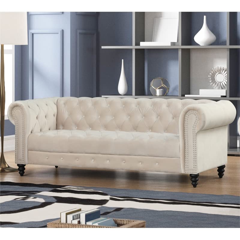RN Furnishings Chesterfield 89" Button Tufted Velvet Fabric Sofa-Beige