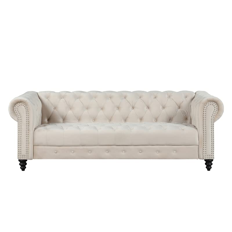 RN Furnishings Chesterfield 89" Button Tufted Velvet Fabric Sofa-Beige