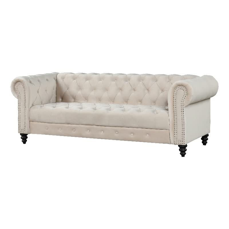 RN Furnishings Chesterfield 89" Button Tufted Velvet Fabric Sofa-Beige