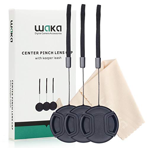 waka Unique Design Lens Cap Bundle, 3 Pcs 55mm Center Pinch Lens Cap and Cap Keeper Leash for Canon Nikon Sony DSLR Camera + Microfiber Cleaning Cloth