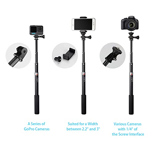 HSU Extendable Selfie Stick for Action Camera,Waterproof Hand Grip for GoPro Hero 11/10/9/8/7, Handheld Monopod 6.5" to 26.4" Compatible with Cell Phones, AKASO Campark and Other Action Cameras