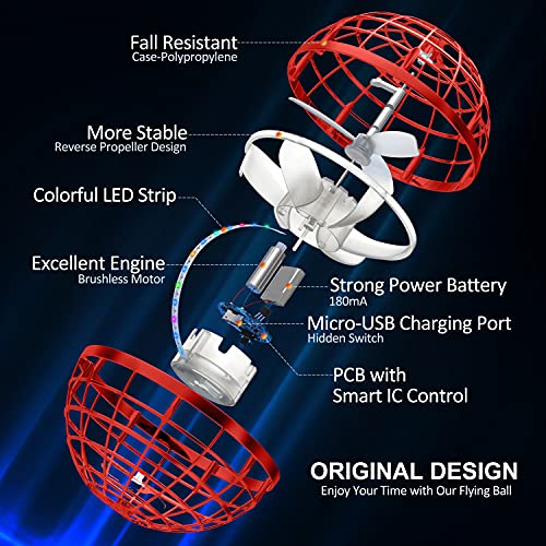 Flying Orb Ball Toys Soaring Hover Pro Boomerang Spinner Hand Controlled Mini Drone Globe Shape Spinning, Safe for Adults Kids Indoor Outdoor by Lematrix (Red)