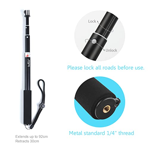 HSU Extendable Selfie Stick for Action Camera,Waterproof Hand Grip for GoPro Hero 11/10/9/8/7, Handheld Monopod 6.5" to 26.4" Compatible with Cell Phones, AKASO Campark and Other Action Cameras