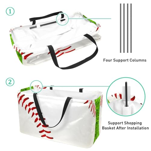 suojapuku Reusable Grocery Bags,Green grass and baseball,Lightweight Recycling Shopping Totes Bag with Handle for Groceries
