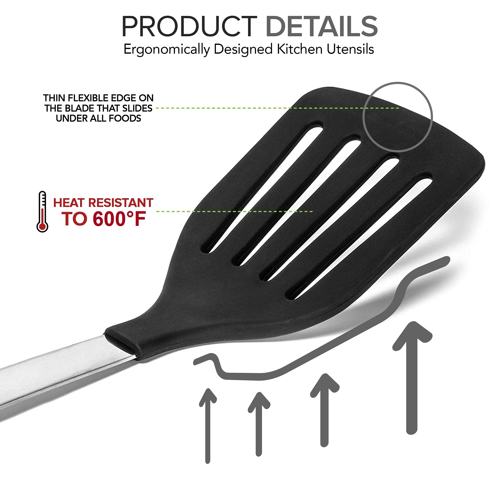 Daily Kitchen Slotted Spatula and Cooking Tongs Set Heat Resistant Silicone and Stainless Steel - 3-Piece Set
