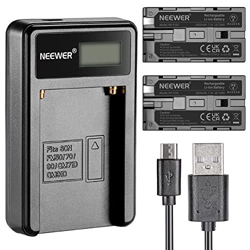 Neewer® Micro USB Battery Charger + 2-Pack 2600mAh NP-F550/570/530 Replacement Batteries for Sony HandyCams, Neewer Nanguang CN-160,CN-216,CN-126 LED Light, Polaroid On-Camera Video Lights