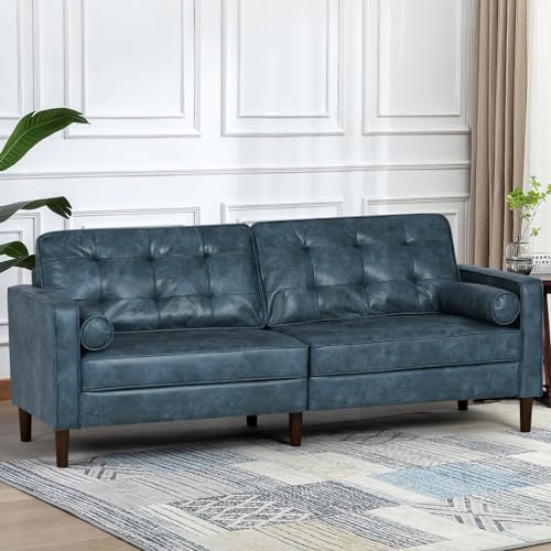 Lesofair 80" Faux Leather 2-seat Sofa with 2 Bolster Pillows, Tufted Loveseat with Wooden Legs, Modern Couch Suitable for Living Room, Office, Blue