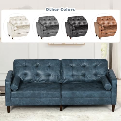 Lesofair 80" Faux Leather 2-seat Sofa with 2 Bolster Pillows, Tufted Loveseat with Wooden Legs, Modern Couch Suitable for Living Room, Office, Blue