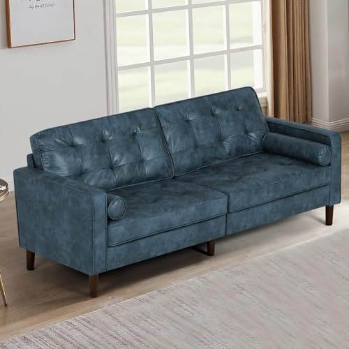 Lesofair 80" Faux Leather 2-seat Sofa with 2 Bolster Pillows, Tufted Loveseat with Wooden Legs, Modern Couch Suitable for Living Room, Office, Blue